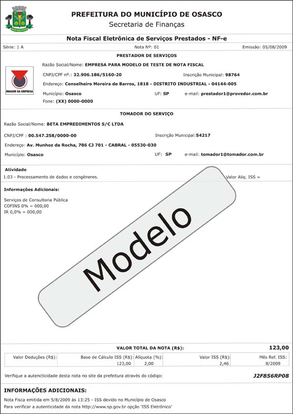 Osasco/SP - ISS - Nota Fiscal Eletrônica de Serviços Prestados - Modelo ...